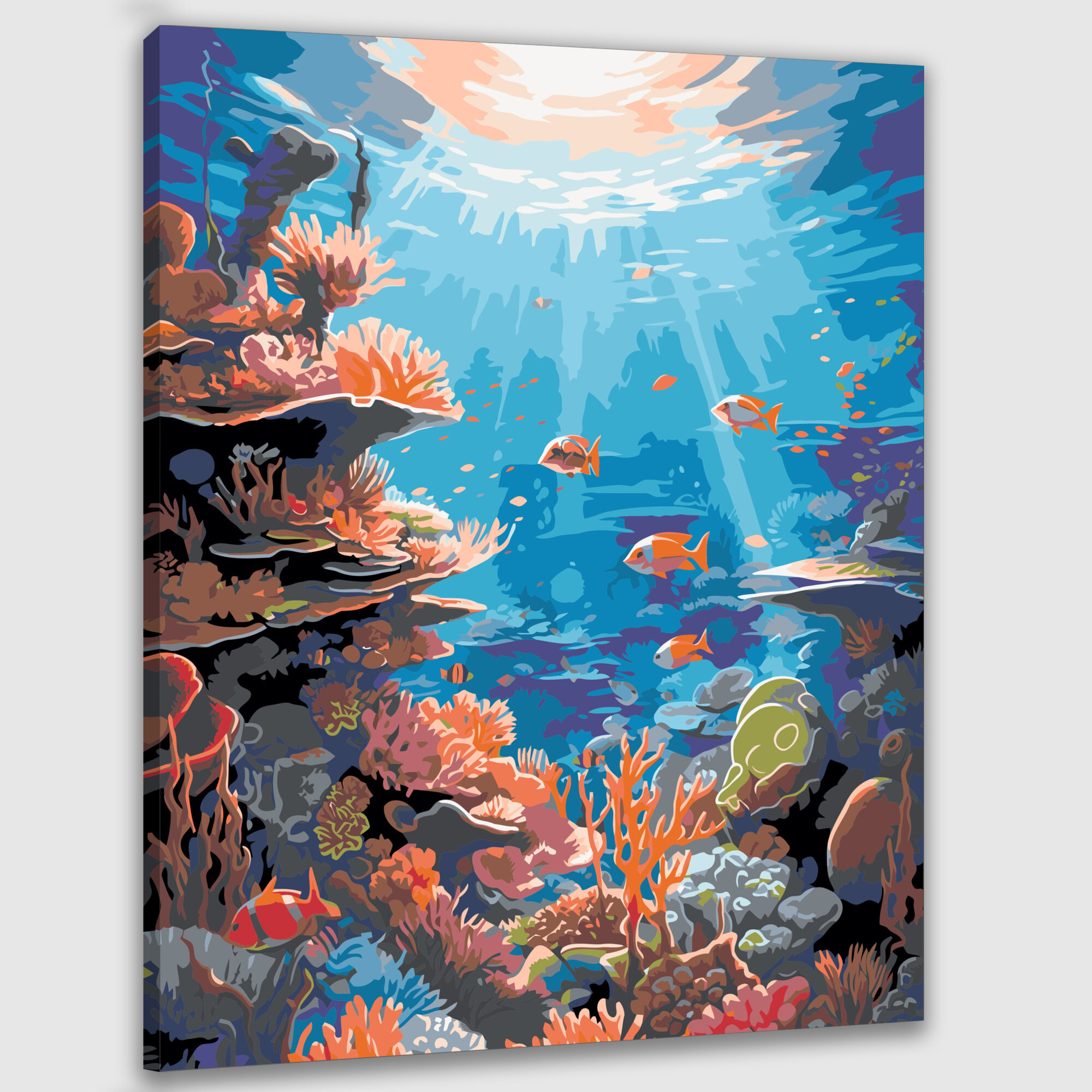 Картина по номерам 40x50 см, подводная сцена, коралловые рифы, тропические рыбки, морские черепахи, бирюзовая вода