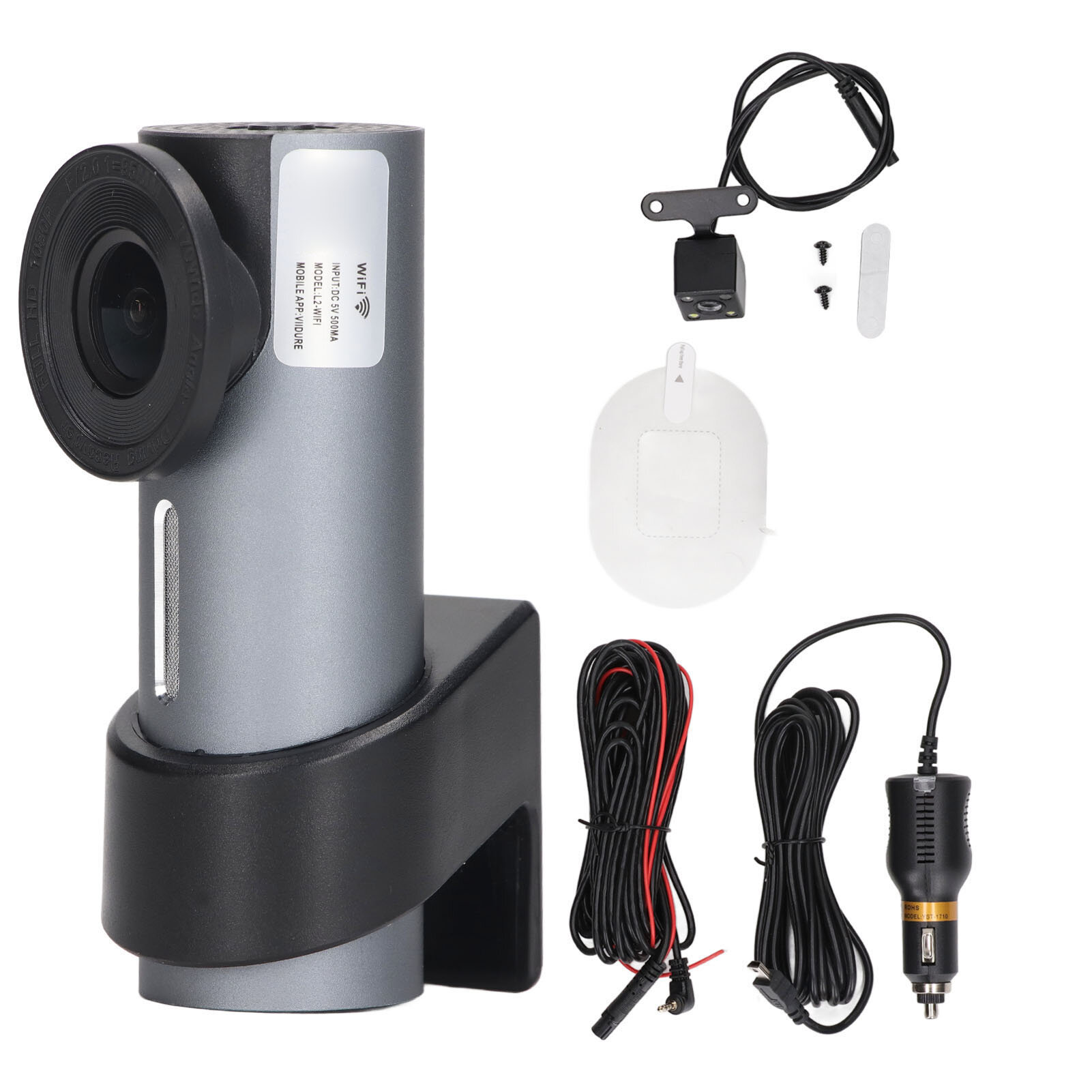 Автомобильный видеорегистратор с передней и задней панелью, HD-разрешением, датчиком движения, вращением на 360 градусов, Wi-Fi, USB-подключением.