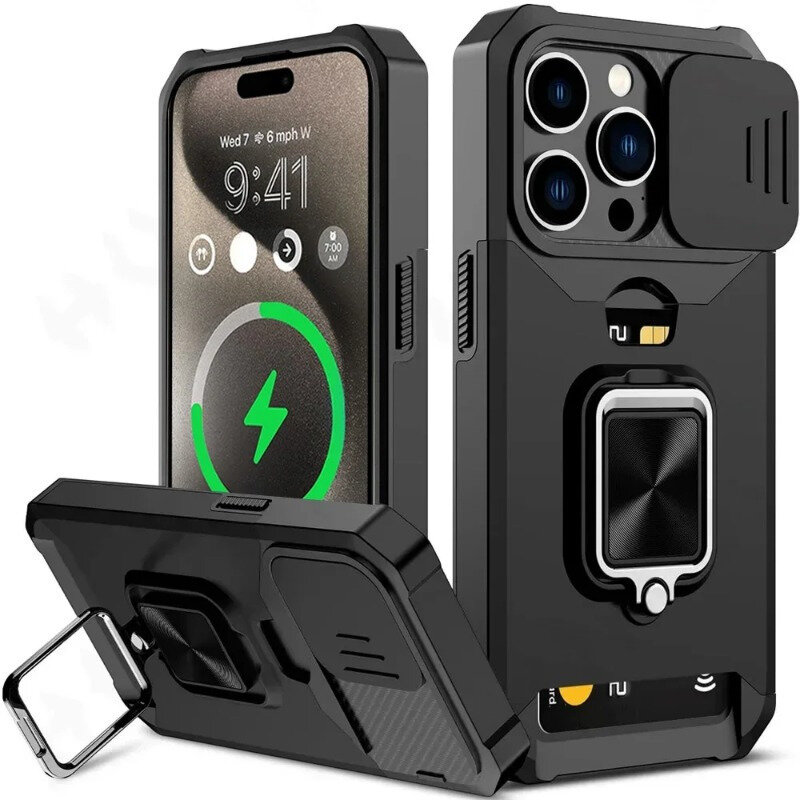 Чехол для iPhone 14 Pro Max черный с выдвижным слотом для карт и кольцом-подставкой
