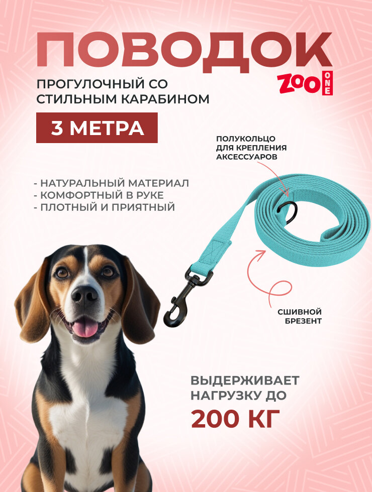 Поводок для прогулок ZooOne брезент бирюзовый, 25 мм х 3 м, 73-1882