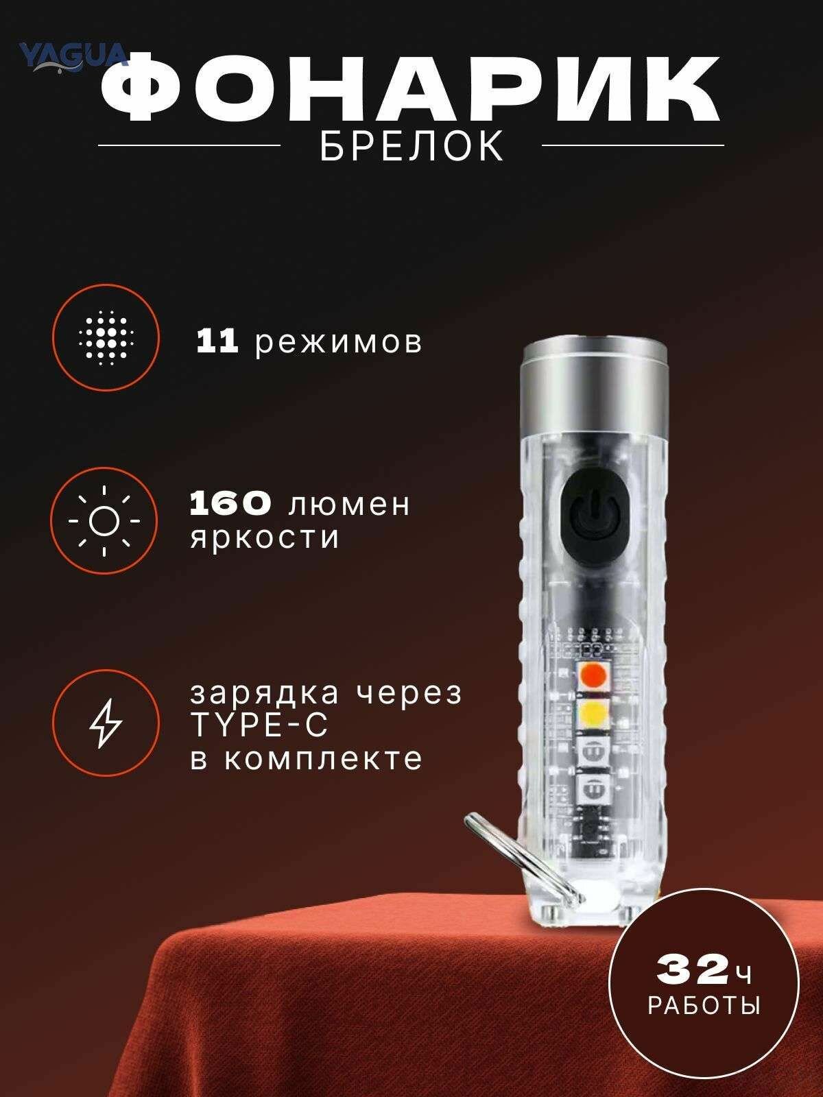 Карманный фонарик светодиодный аккумуляторный EDC BF-13, наключный фонарь брелок 11в1, 160 Люмен YAGUA