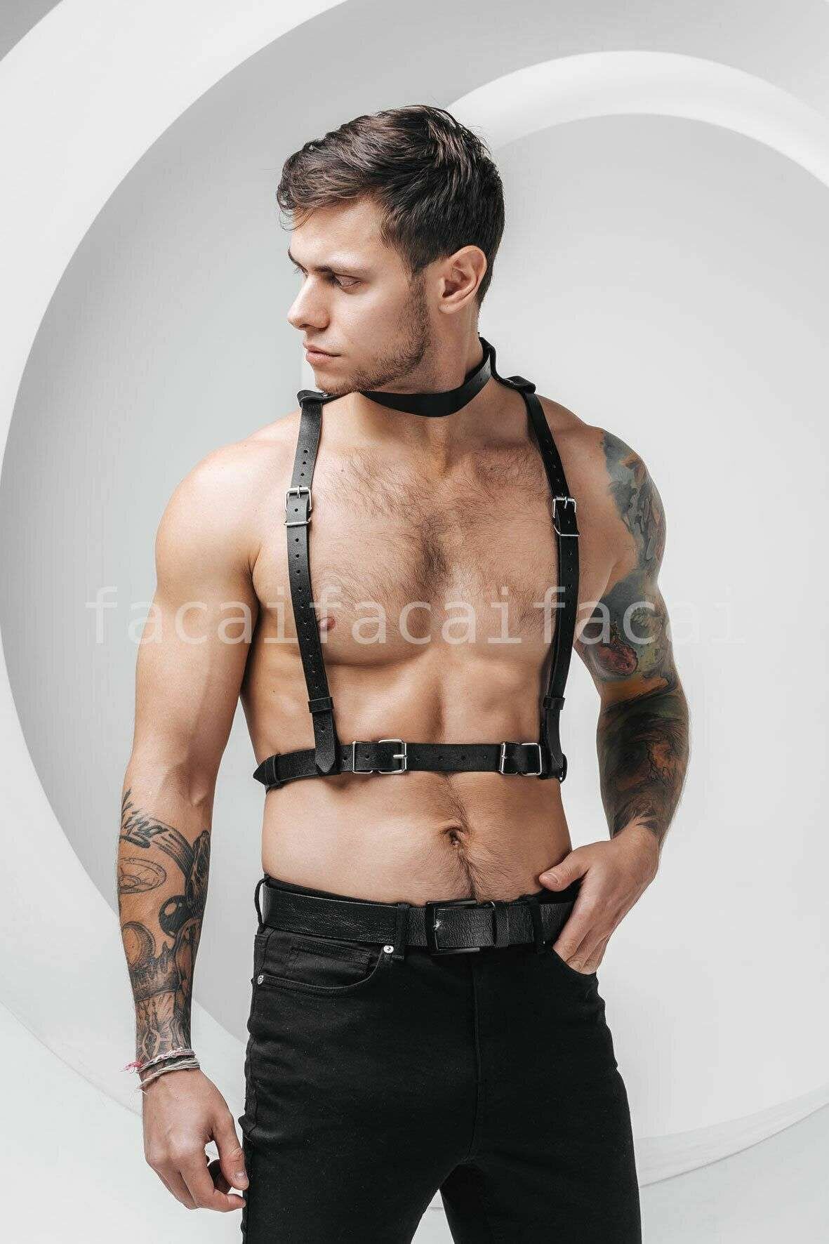 Портупея мужская на тело с ошейником для бдсм "ATTIS" из натуральной кожи размер-ML