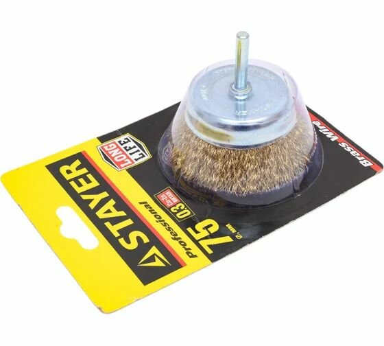 Щетка чашечная для дрели, витая стальная латунированная проволока 0,3 мм, 75 мм // STAYER