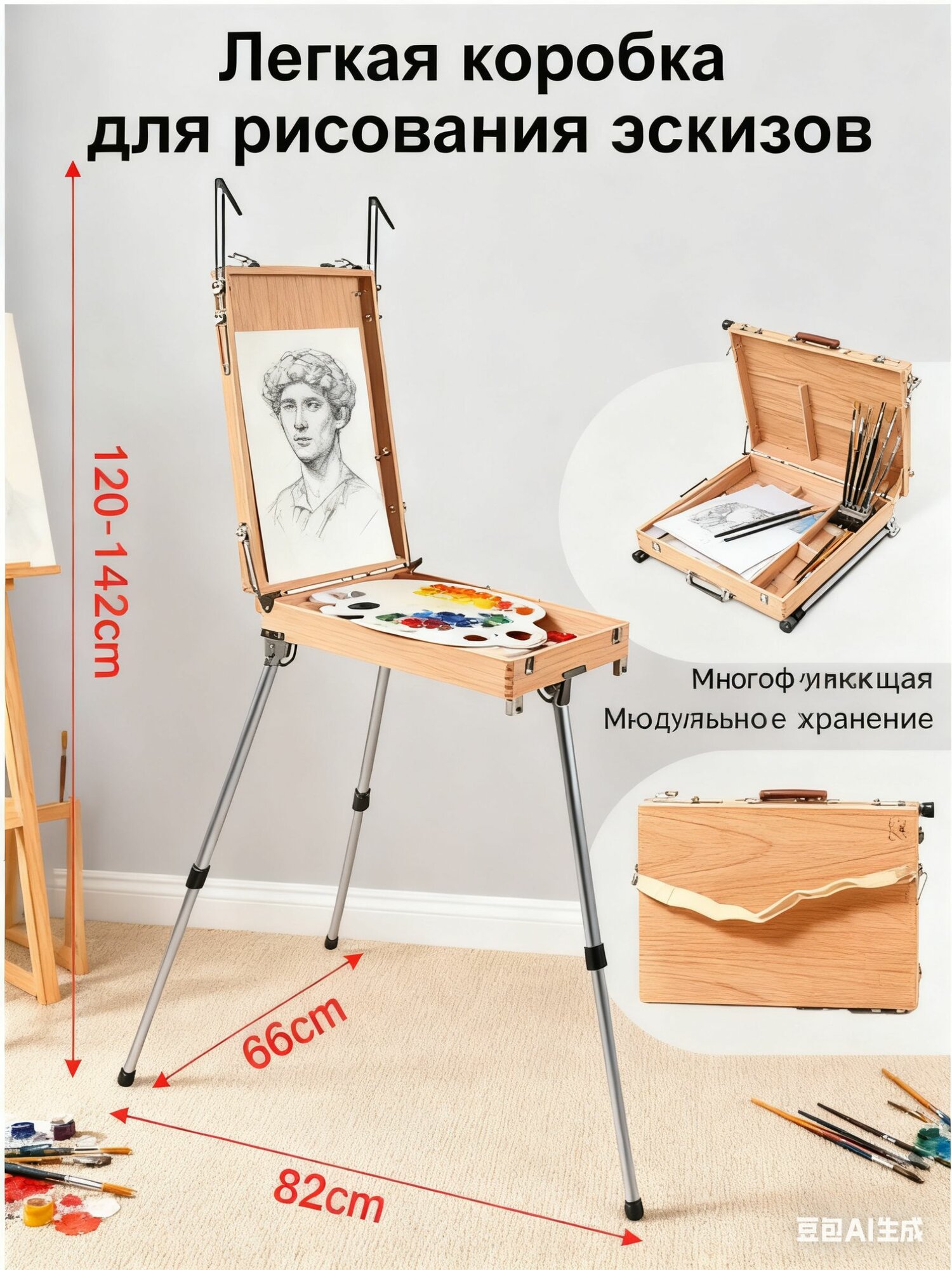 Этюдник деревянный с мольбертом, ящиками для кистей и красок, портативный художественный набор для рисования