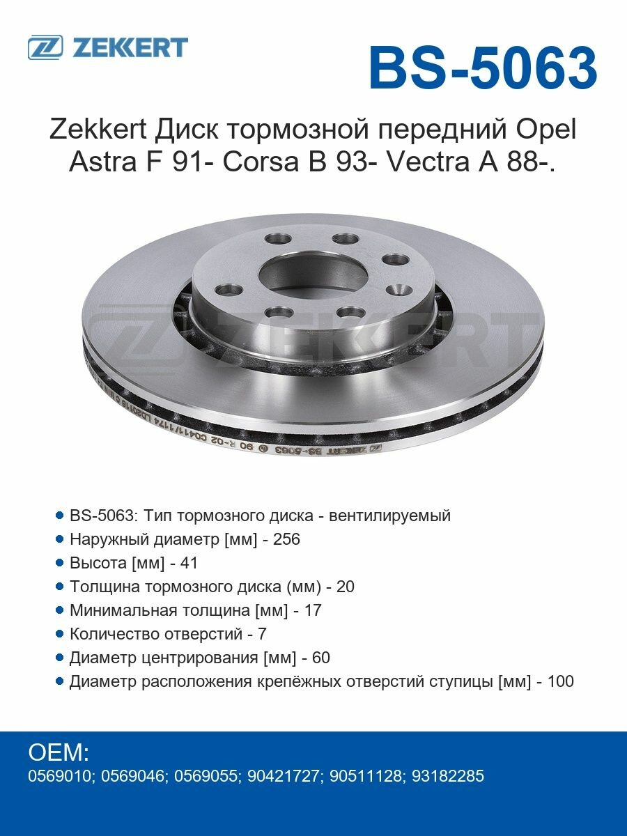 Zekkert Диск тормозной передний Opel Astra F 91- Corsa B 93- Vectra A 88-.