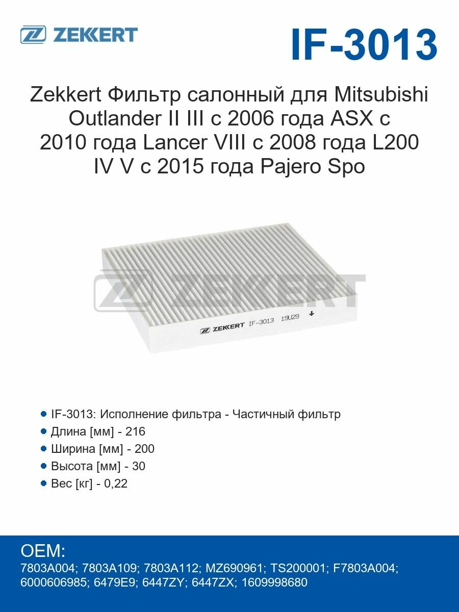 Zekkert Фильтр салонный для Mitsubishi Outlander II III с 2006 года ASX с 2010 года Lancer VIII с 2008 года L200 IV V с 2015 года Pajero Spo