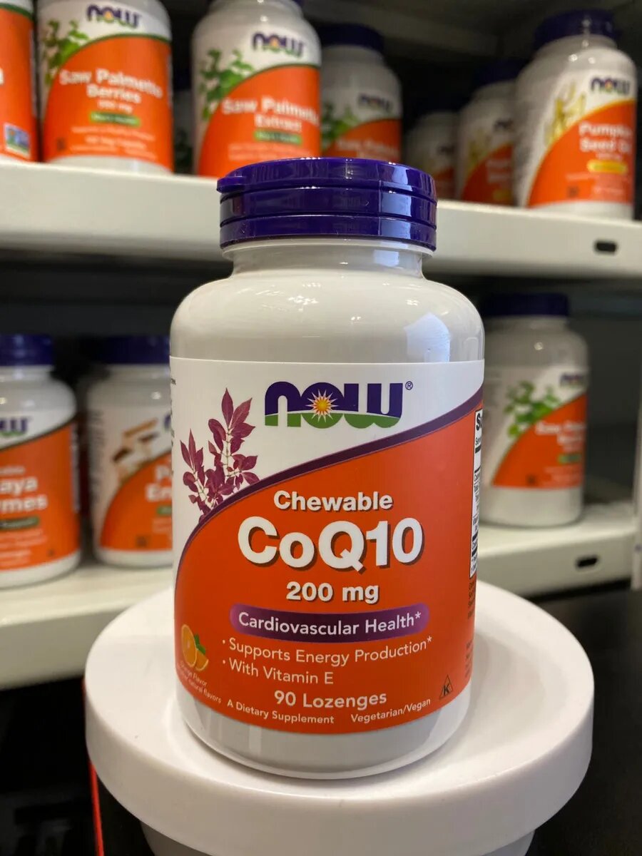 NOW CoQ10 200 mg Chewable - жевательный коэнзим Q10 с витамином E для сердца и энергии, 90 жевательных пастилок