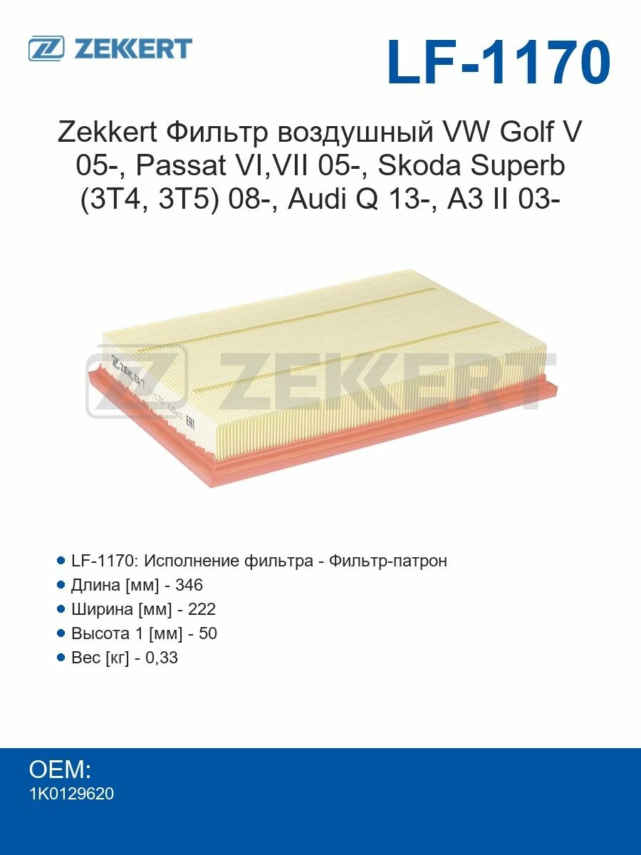 Zekkert Фильтр воздушный VW Golf V 05-, Passat VI, VII 05-, Skoda Superb (3T4, 3T5) 08-, Audi Q 13-, A3 II 03-