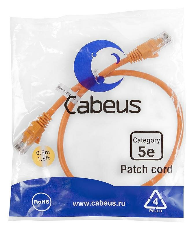 Патч-корд U/UTP кат.5E PC-UTP-RJ45-Cat.5e-0.5m-OR-LSZH 2xRJ45/8p8c неэкранир. LSZH 0.5м оранж. Cabeus 9520c