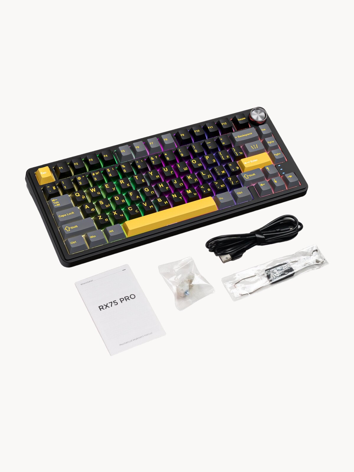 Клавиатура механическая, игровая, беспроводная, CyberLynx RX75 Pro черный серый желтый, RGB, Bluetooth, 2,4G радиоканал