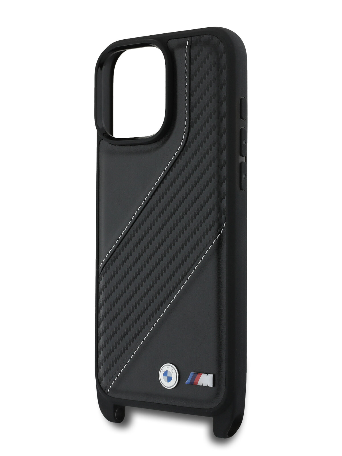 BMW для iPhone 16 Pro Max чехол Crossbody PU Carbon stripe Metal logo + Strap Hard Black