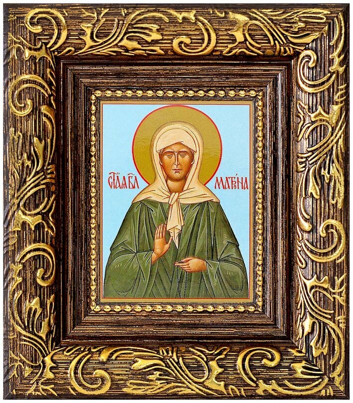 Блаженная Матрона Московская (лик № 085), икона в широкой темной пластиковой рамке 10,5*12 см
