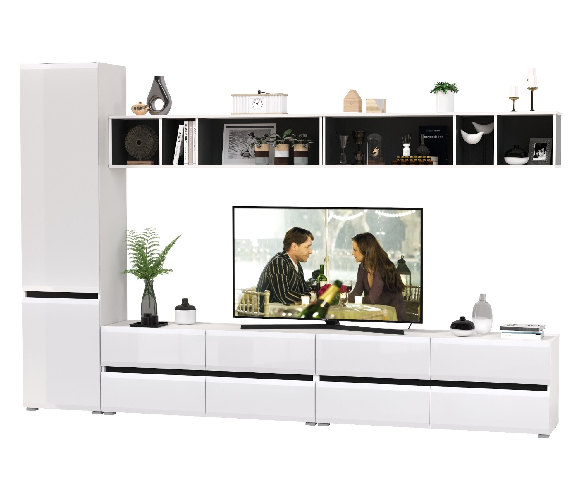 Мебель в гостиную Моби Сидней № 73, цвет белый/чёрный/МДФ белый глянец, 310х41,3х205,2 см.