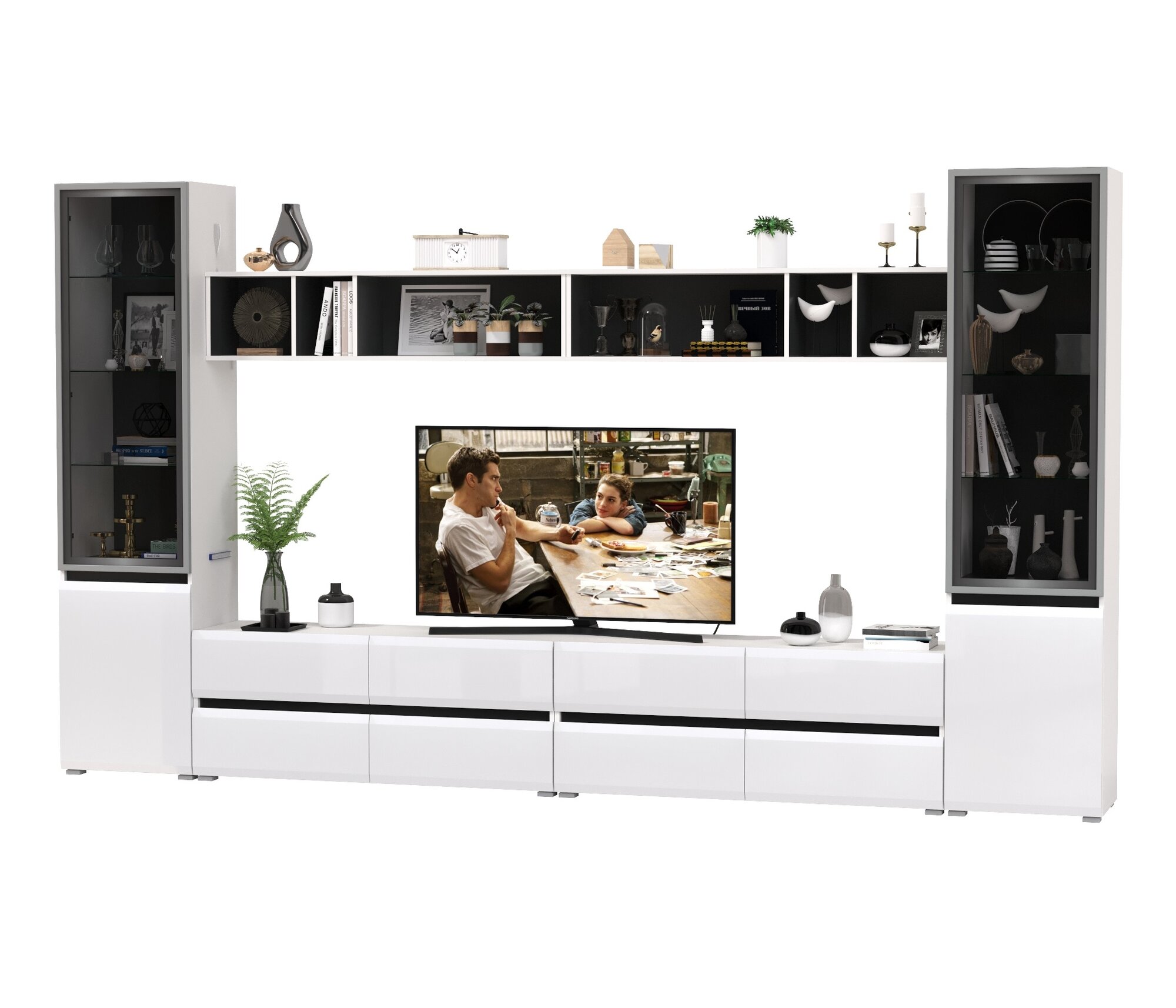Комплектация в гостиную Моби Сидней № 76, цвет белый/чёрный/МДФ белый глянец, 360х41,3х205,2 см.