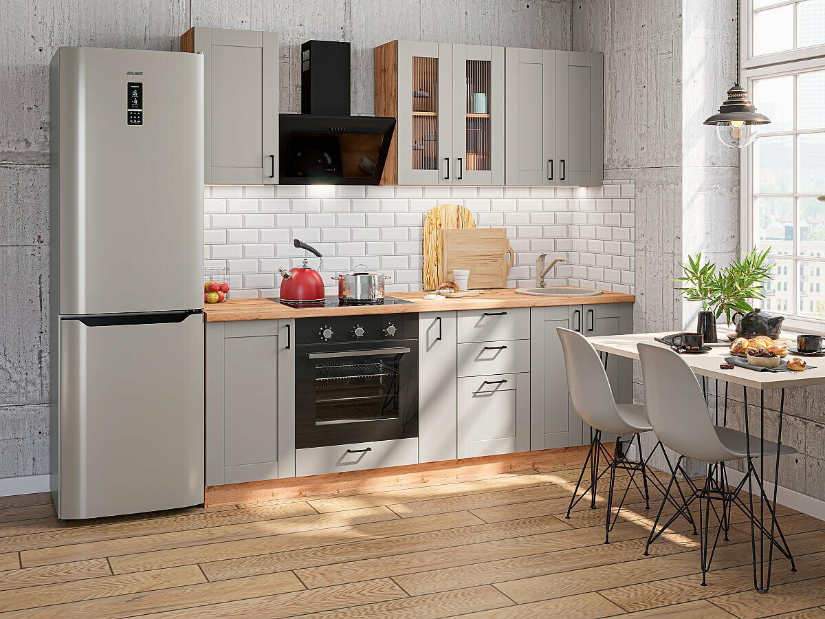 Кухня Лофт-07, цвет фасада Grey Silk, цвет каркаса Дуб Вотан, 2140*2200*600 мм