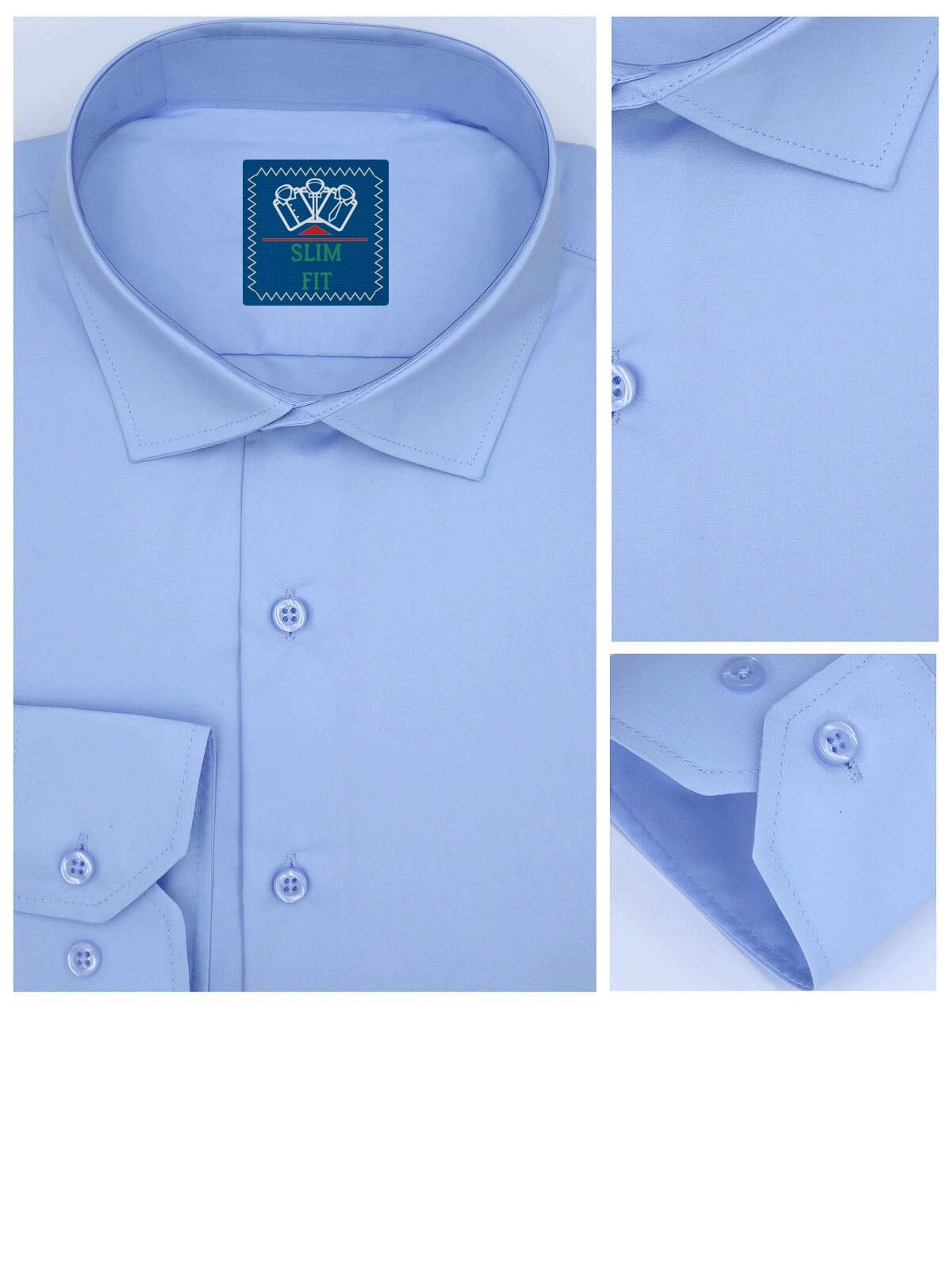 Рубашка приталенная с длинным рукавом мужская рубашка, светлая сорочка, на пуговицах, рубаха на любой сезон, голубая однотонная, без карманов, на любой сезон и на лето рубашка Slim fit с приталенным кроем зау