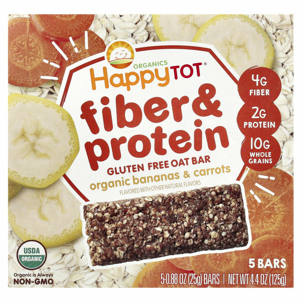 Happy Family Organics, Happy Tot®, овсяный батончик с клетчаткой и протеином, с органической морковью и бананом, 5 батончиков, 25 г (0,88 унции)
