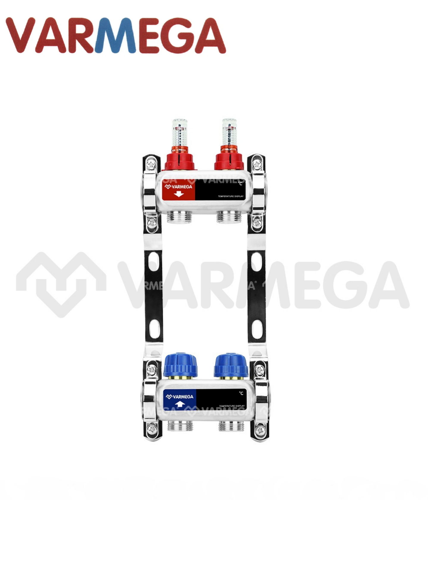 Коллекторная группа с расходомерами Varmega VM15102 ВР 1", на 2 контура 3/4" EK, нержавеющая сталь