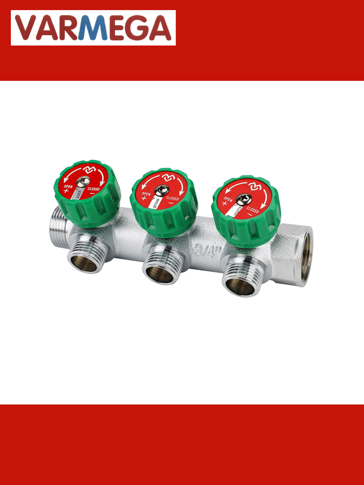 Коллектор латунный регулирующий, VARMEGA VM14613, 3/4"х3/4", 3 выхода "ЕК", зеленый, хром