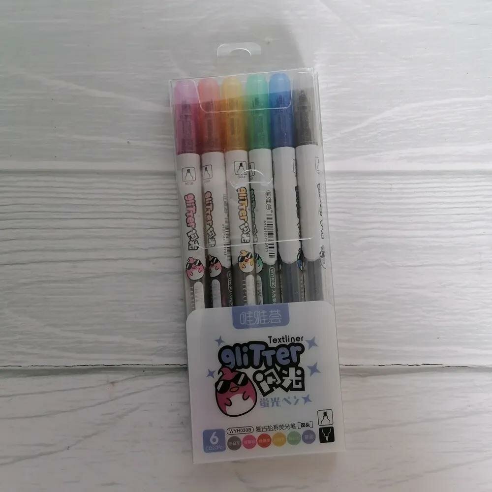 Набор маркеров текстовых Tenfon 6 Цветов, "С Блестками, Ретро Цвета", Двухсторонние 1-3 мм (CX-78)