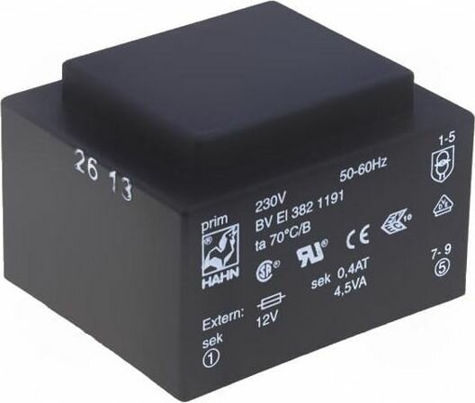 Трансформатор HAHN BV EI 382 1197 залитый 4,5ВА 230ВAC 24В 187мА Монтаж PСВ 150г 1 шт