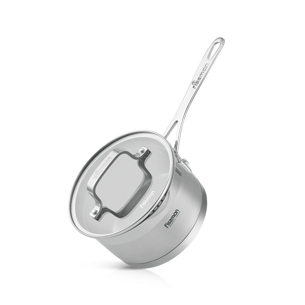 5379 FISSMAN Ковш FOBUS 16x9см / 1,6л с крышкой (нерж. сталь); Ручки-нерж. сталь; Крышка-стекло; Индукция; Термоаккумулирующее многослойное дно.