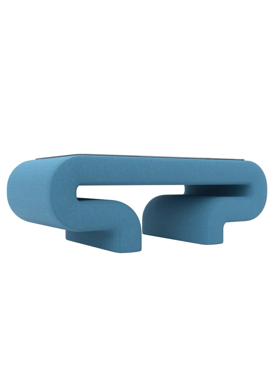 Стол интерьерный Дафна (ШхГхВ) 146х64х54, стеклянная столешница, обивка голубой рогожка