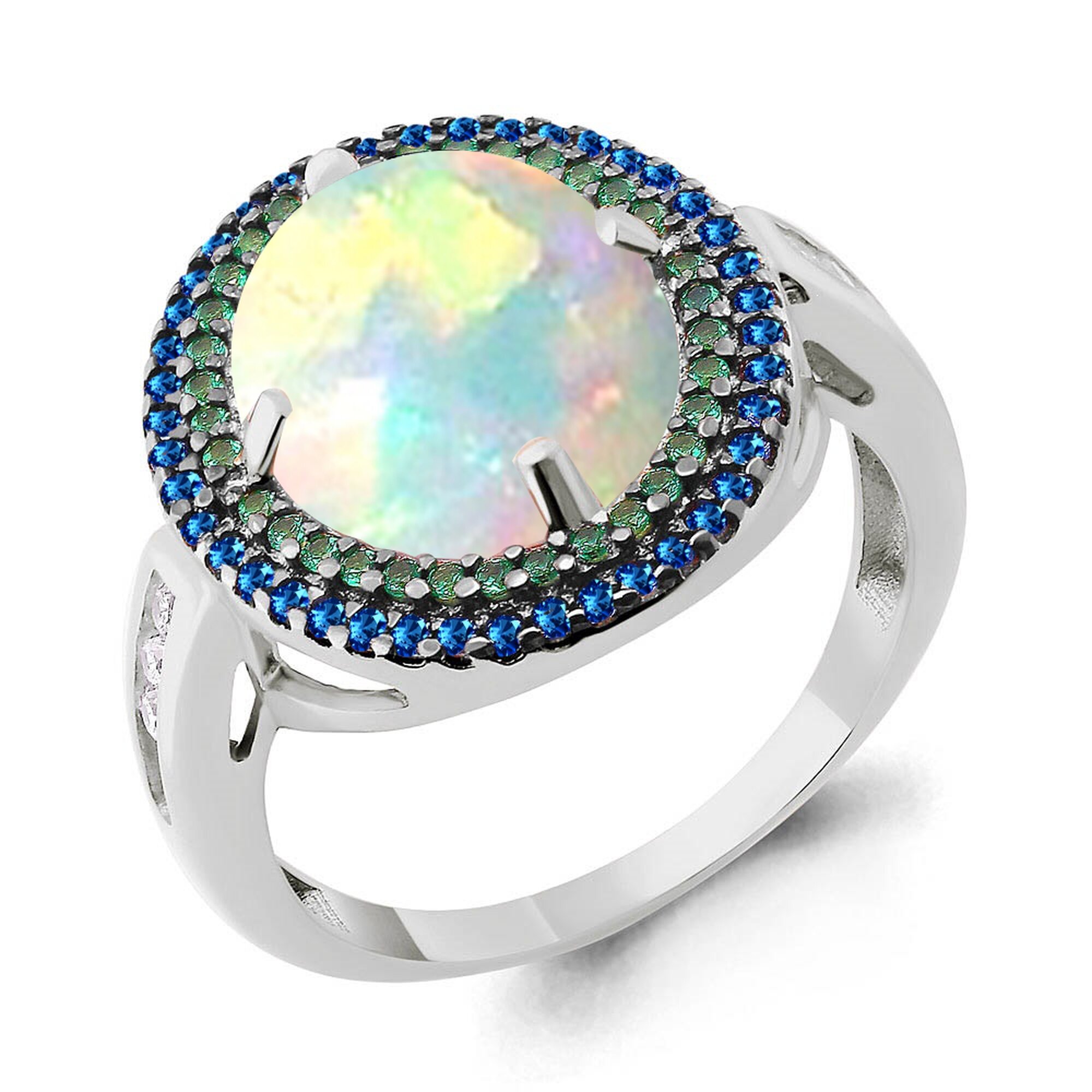 Кольцо, серебро, 925 проба, родирование, опал, фианит, сапфир синтетический, изумруд синтетический