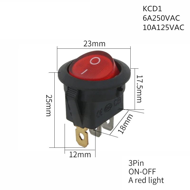 Круглый переключатель KCD1 3Pin redlightON-OFF2