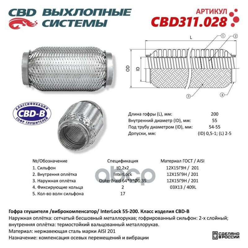 Гофра глушителя 3х-сл InterLock 55-200. CBD311.028 CBD арт. CBD311028