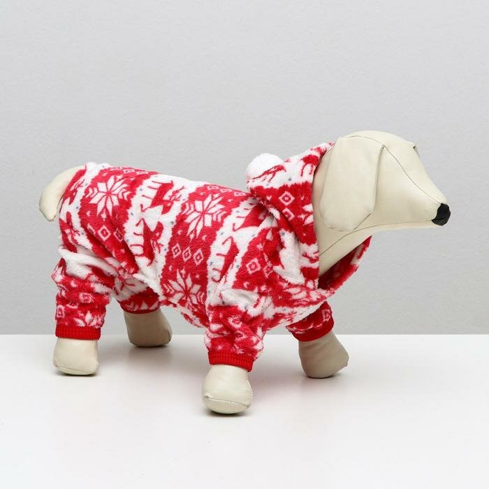 Комбинезон для собак КНР "Олени" с капюшоном, S, спина 25 см, грудь 35 см, шея 25 см, красный