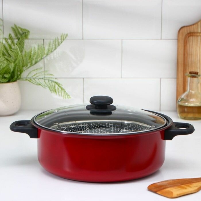 Кастрюля КНР "Ренард", 4 л, стеклянная крышка, сетка фри 26х9 см, антипригарное покрытие, красный