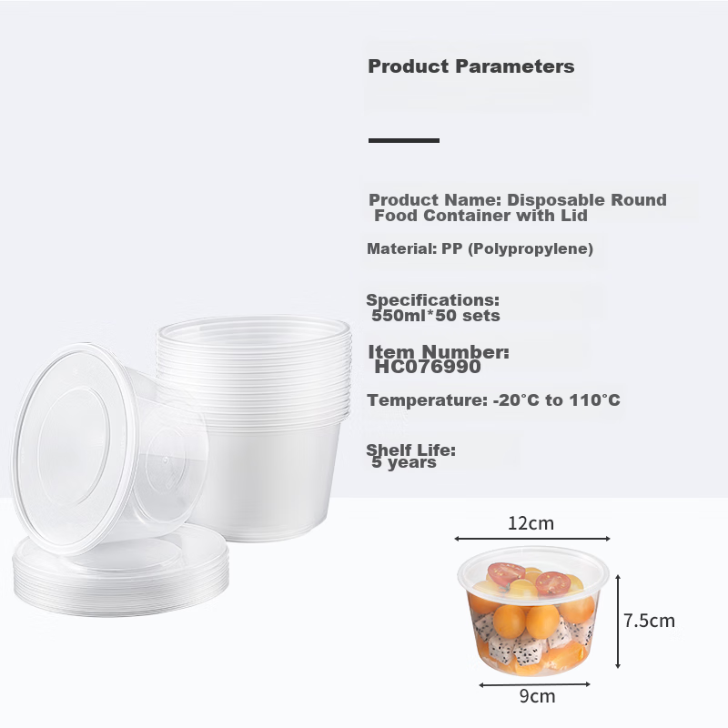 Meili Ya Disposable Round Food Containers, 550ml*50 Sets, Food-Grade, Takeout Packaging Boxes, Bowls, Plastic with Lids, Microwave-Safe