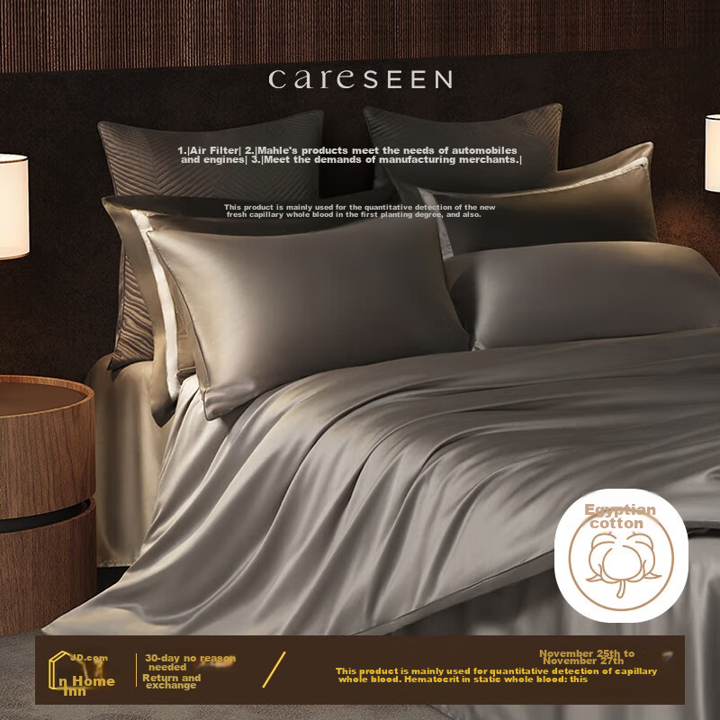 Kang'erxin Egyptian Cotton High-End Four-Piece Bedding Set, 100% Pure Cotton Sateen Duvet Cover, Enamel Gray, for 1.5-Meter Bed