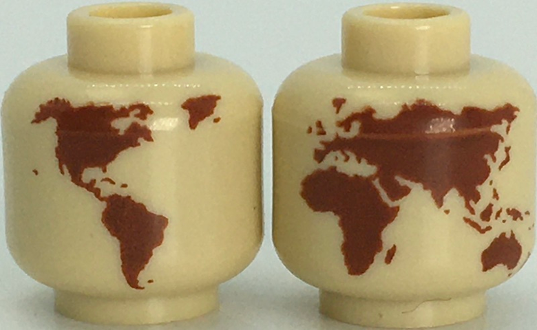Minifigure, Head without Face with Reddish Brown Globe World Map with Japan and Hawaii Pattern, 3626pb2892 Tan N
