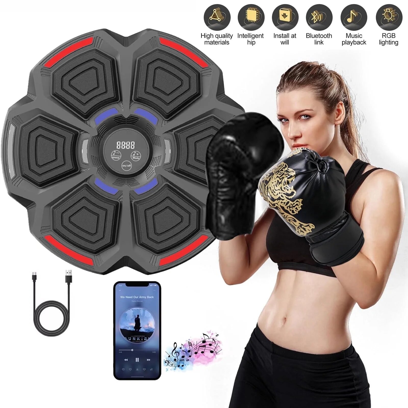 Музыкальный боксерский тренажер, настенный умный Bluetooth-тренажер для бокса с боксерскими перчатками, тренажер для тре