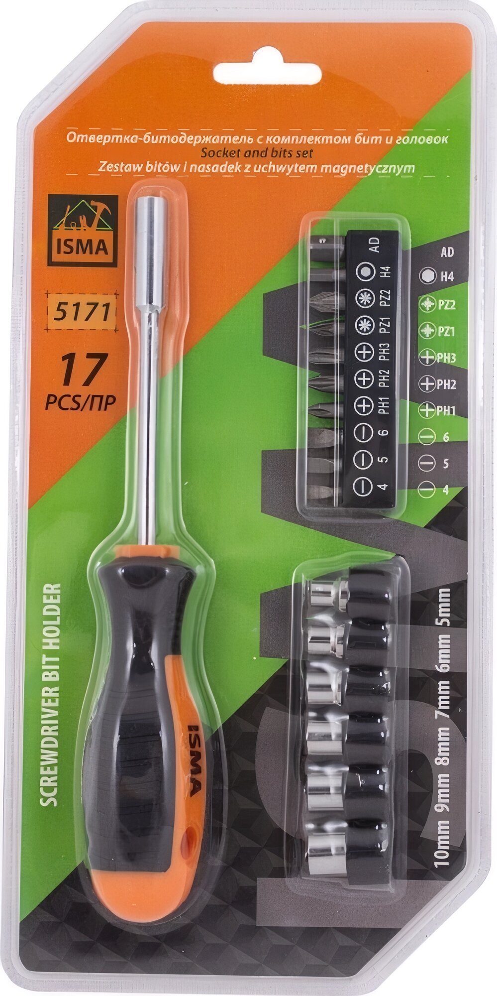 Отвертка-битодержатель с комп бит и головок 17 предм. ISMA ISMA-5171