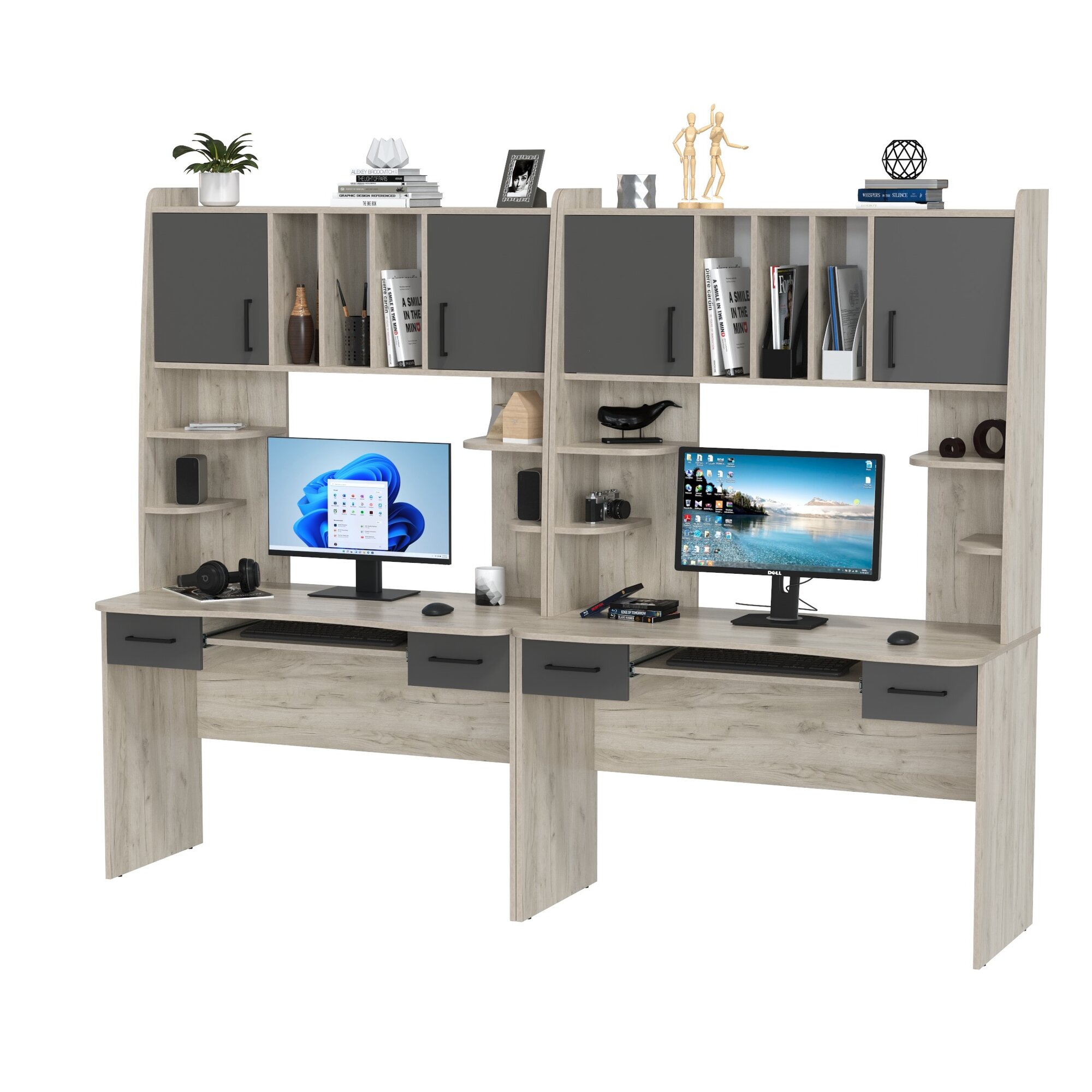 Компьютерные столы Бета для двоих человек, дуб крафт серый/графит, 240х60,5х183,5 см.