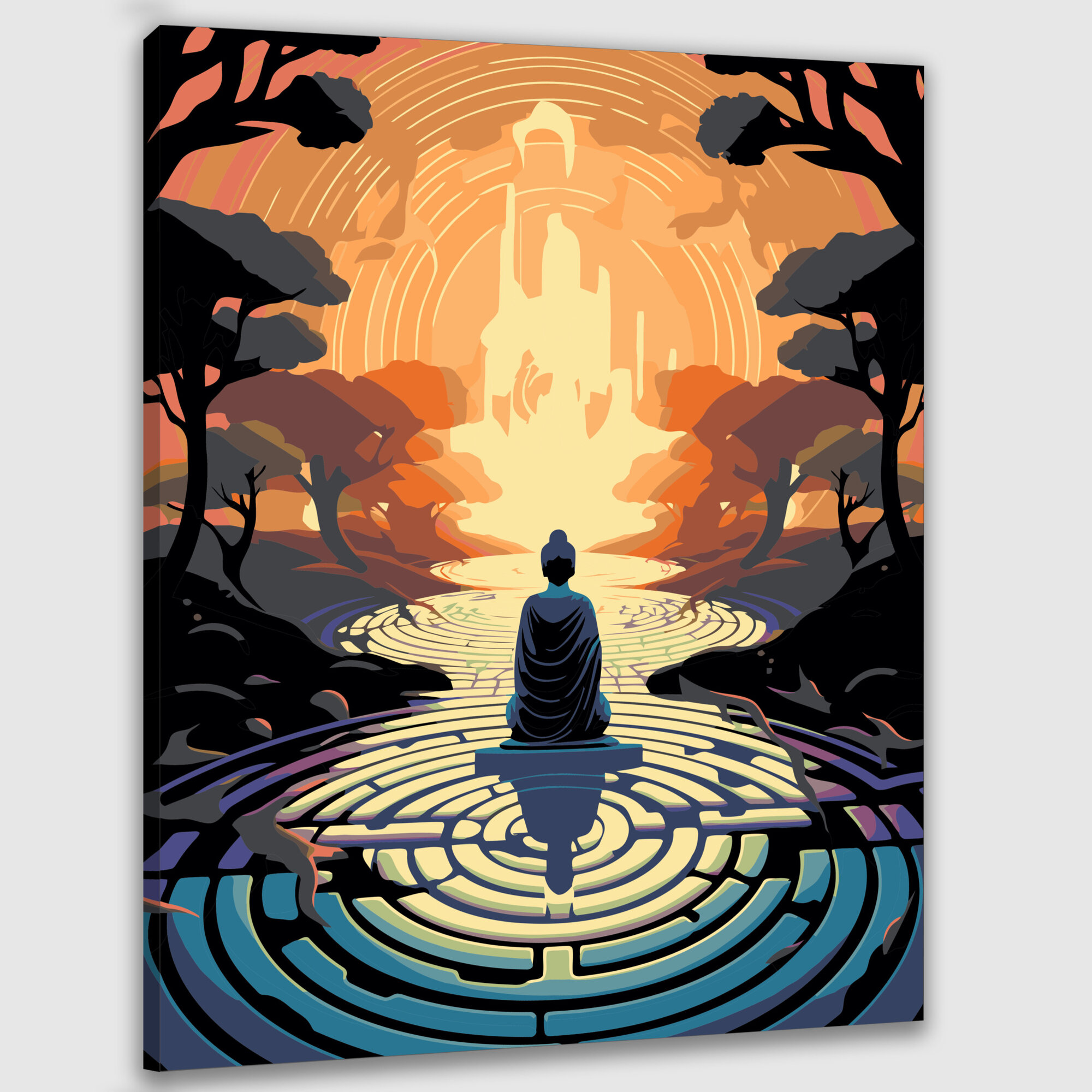 Картина по номерам 40x50 см, Будда, тропинка, осознанность, цифровая иллюстрация, яркие цвета, геометрические узоры