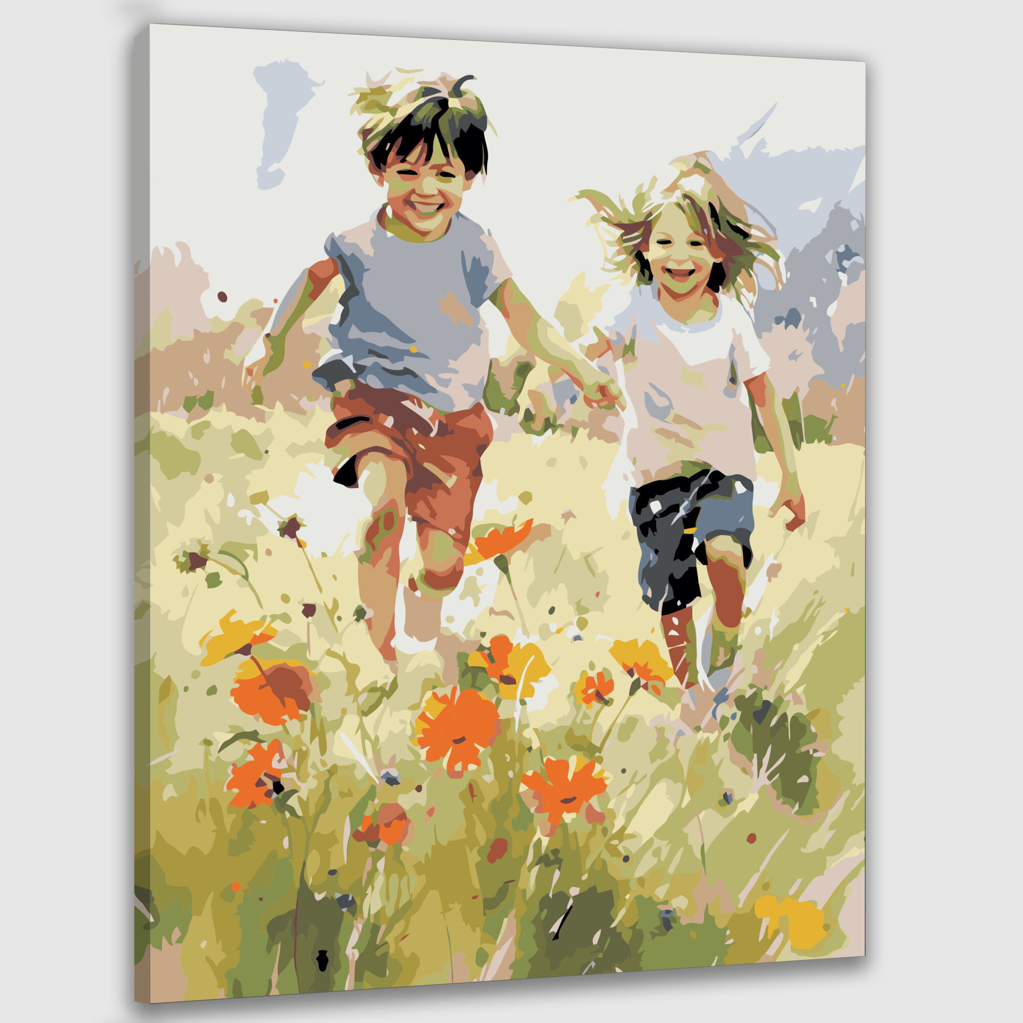 Картина по номерам 40x50 см, акварельная картина, радость детей, игра на лугу, солнце, смех, цветы