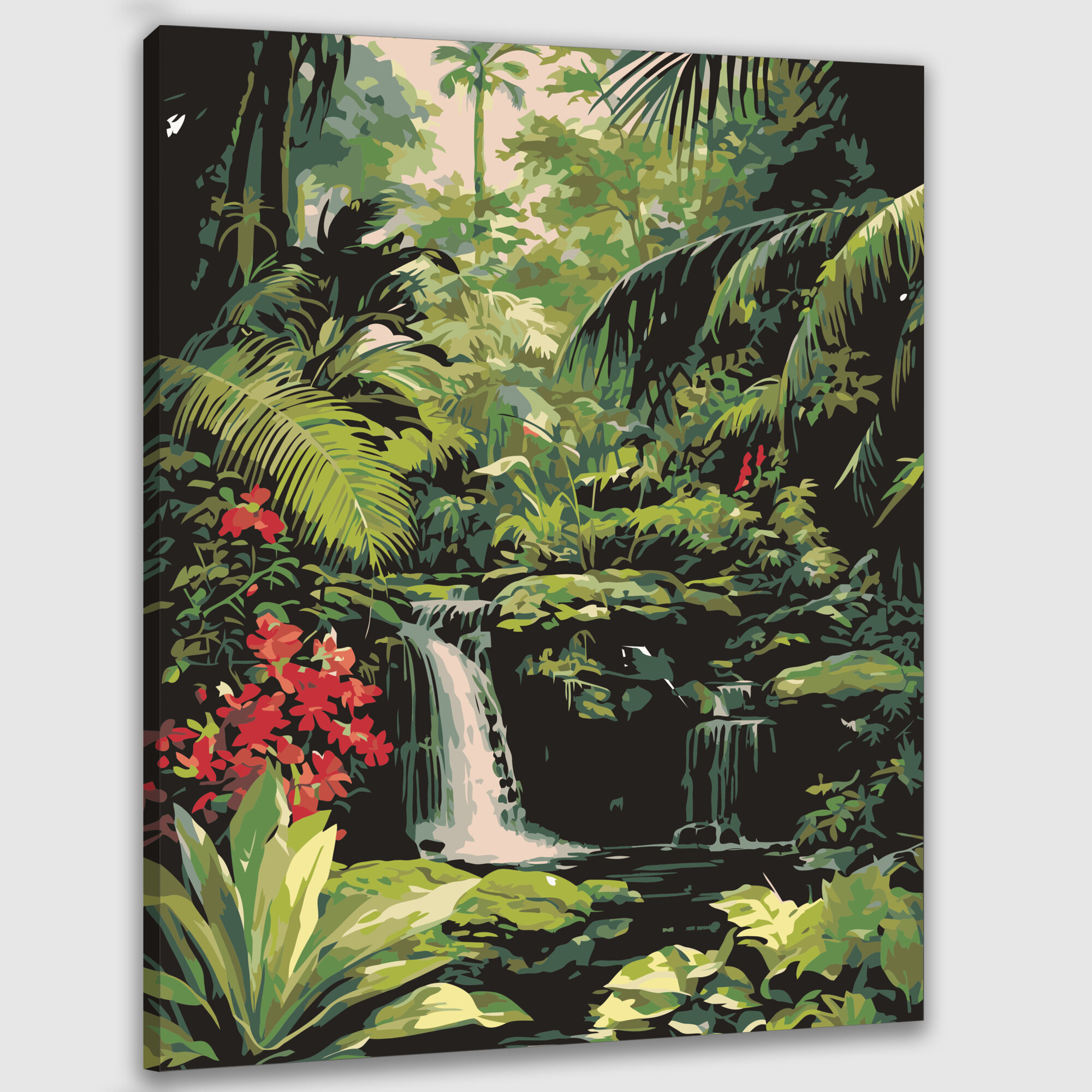 Картина по номерам 40x50 см, акварельная картина, ботанический сад, зеленый уголок, каскадный водопад, яркие цвета