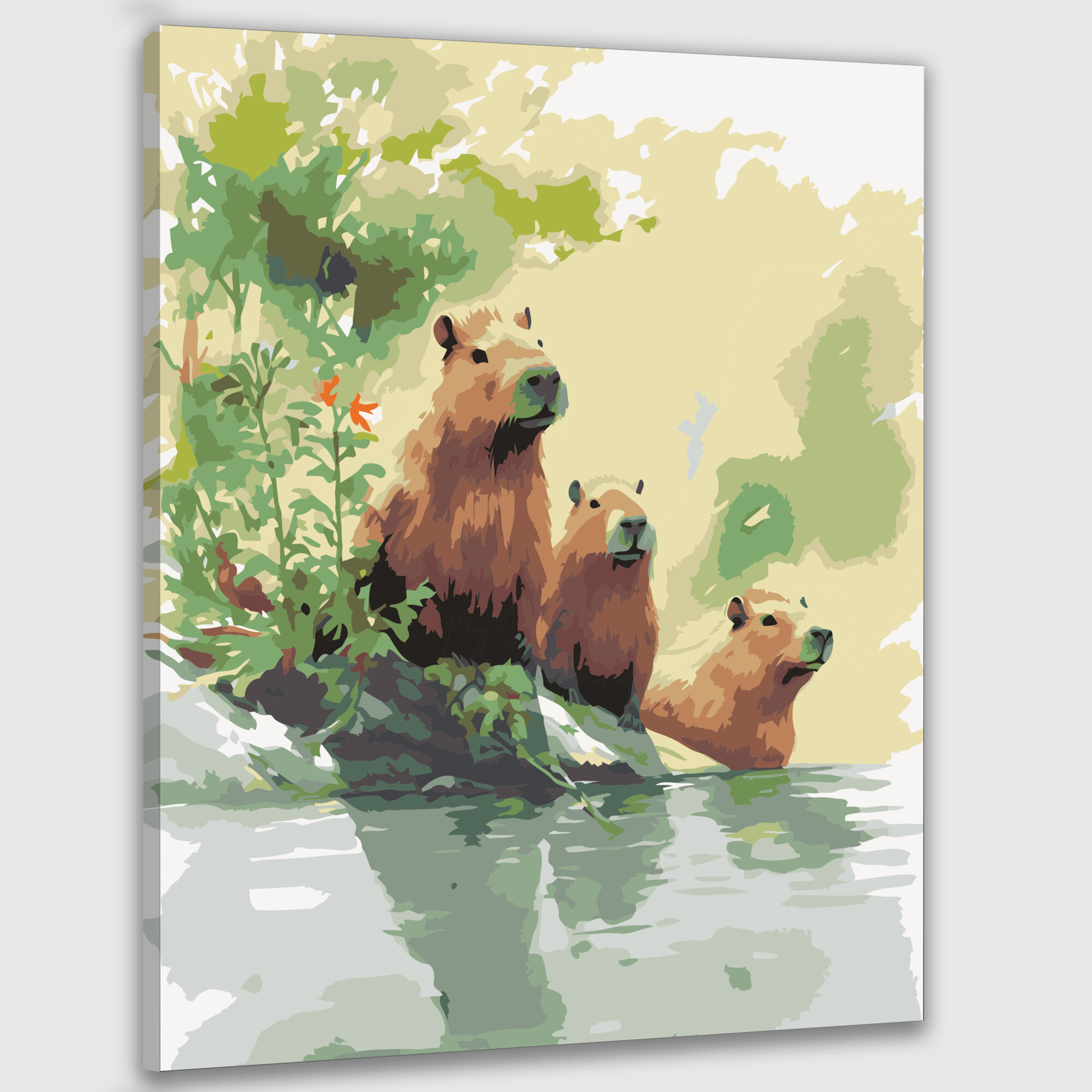 Картина по номерам 40x50 см, акварельная картина, семейство капибар, отдых на берегу реки, мягкий коричневый мех