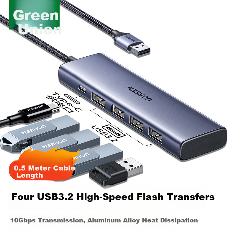 UGREEN USB3.2 Hub 4-Port High-Speed Expansion Dock 10Gbps Laptop Docking Station Extension Cable 4-in-1 Converter Adapter Universal 0.5m