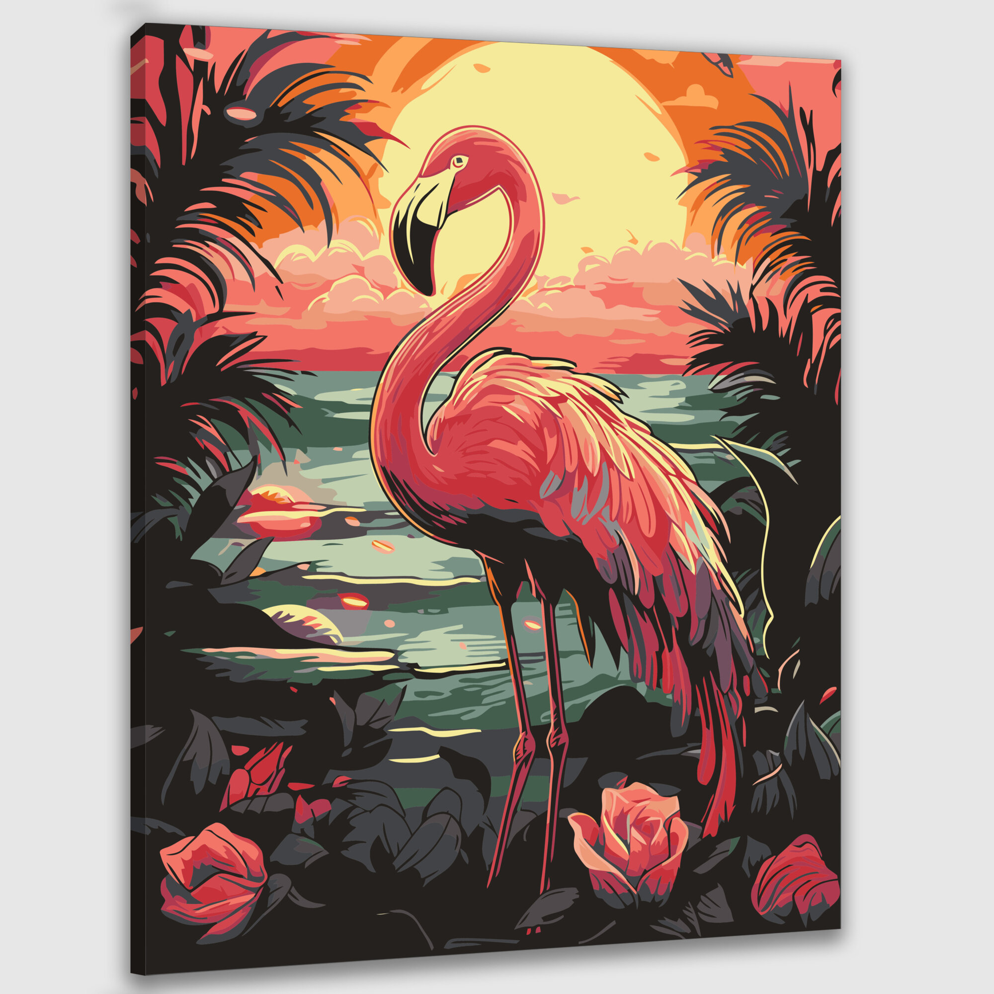 Картина по номерам 40x50 см, фламинго, узоры, цветы, перья, искусство, грация, красота, жизнестойкость