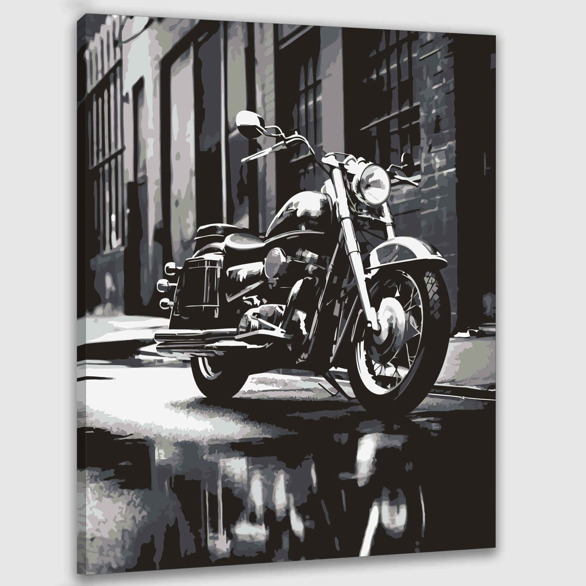 Картина по номерам 40x50 см, черно-белая фотография, винтажный мотоцикл, гладкий хром, блестящий хром, городской пейзаж