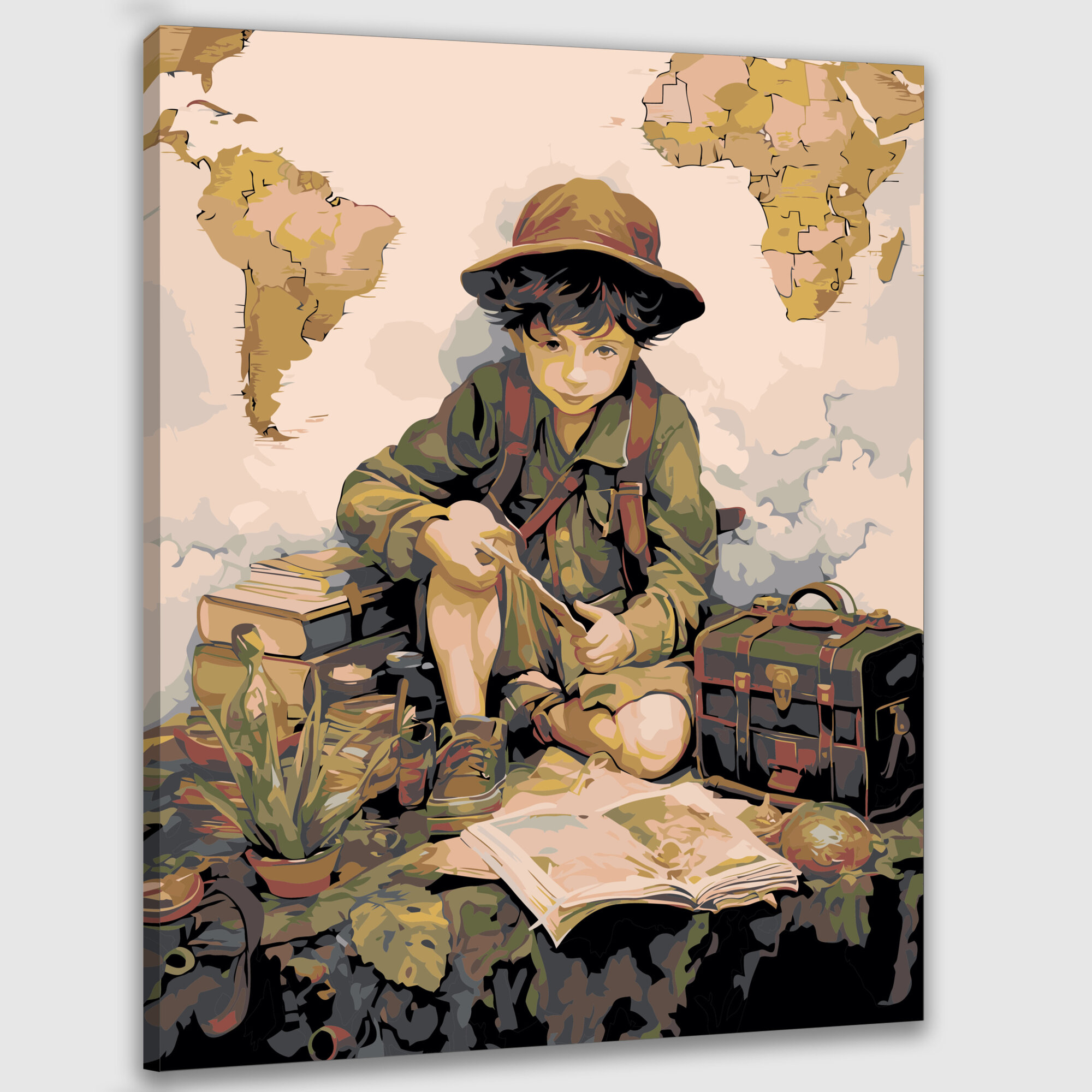 Картина по номерам 40x50 см, акварельная картина, мальчик, карта мира, маршруты исследователей, искатели приключений