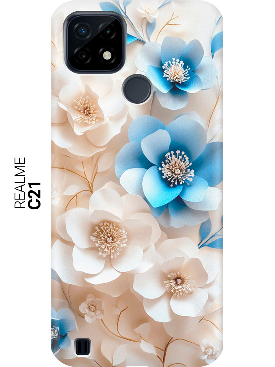 Силиконовый чехол на realme C21 с принтом "Белые и голубые цветы"