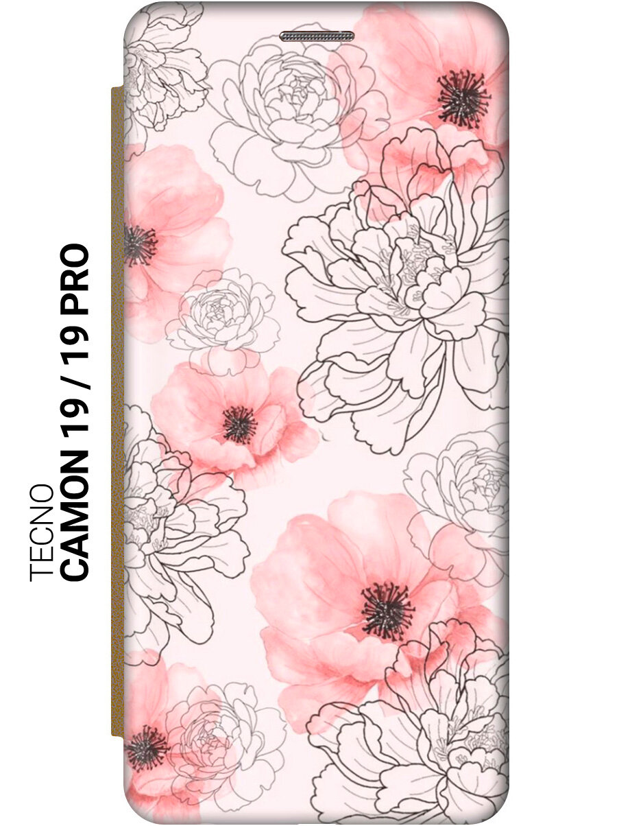 Чехол-книжка на Tecno Camon 19 / 19 Pro / Техно Камон 19 / 19 Про с рисунком "Нежно-розовые цветы" золотой