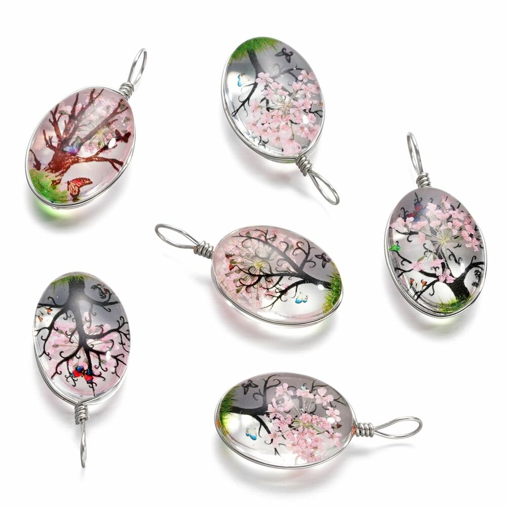 Женская подвеска древо жизни розовая, набор 5 шт для ожерелья, серёг и браслетов, стеклянный кабошон 13x27 мм, ручная бижутерия DIY