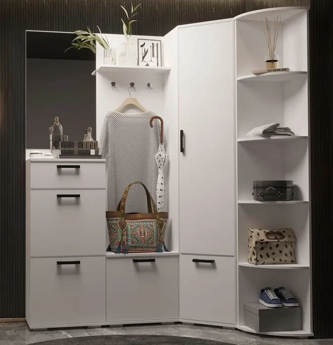 Прихожая угловая комплект "Ника 1.7х1.06" Белый гладкий Набор, с обувницей, со шкафом, с зеркалом, в коридор / ширина 270 см